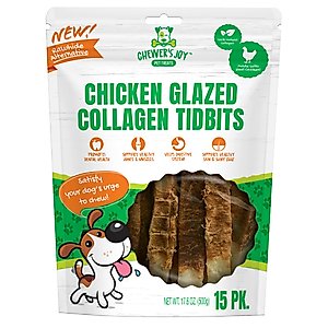 Chewer's Joy Chicken Glazed Collagen Tidbits 15pk 6" for Dogs, Premium Quality. High Protein, Promotes Joint, Skin, Gut Health & Shiny Coat. Bully Stick & Rawhide Alternative. Long Lasting chew.