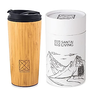 Santai Living Insulated Bamboo Travel Mug Tumbler Leak-Proof Black Flip Lid Coffee Cup Stainless Steel Thermos,16oz/400ml