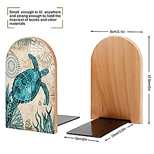 2 PCS Wood Bookends, Sea Turtle,Blue Ocean Creature Landscape Wood Book Stand for Home Office School,L Shaped Book Ends Perfect for Books,DVD's,CD's,Video Game 7x5 inch