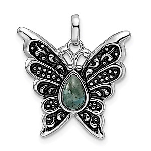 Sterling Silver Rhodium/Oxidized Reconstituted Turquoise Butterfly Pendant QQP5013