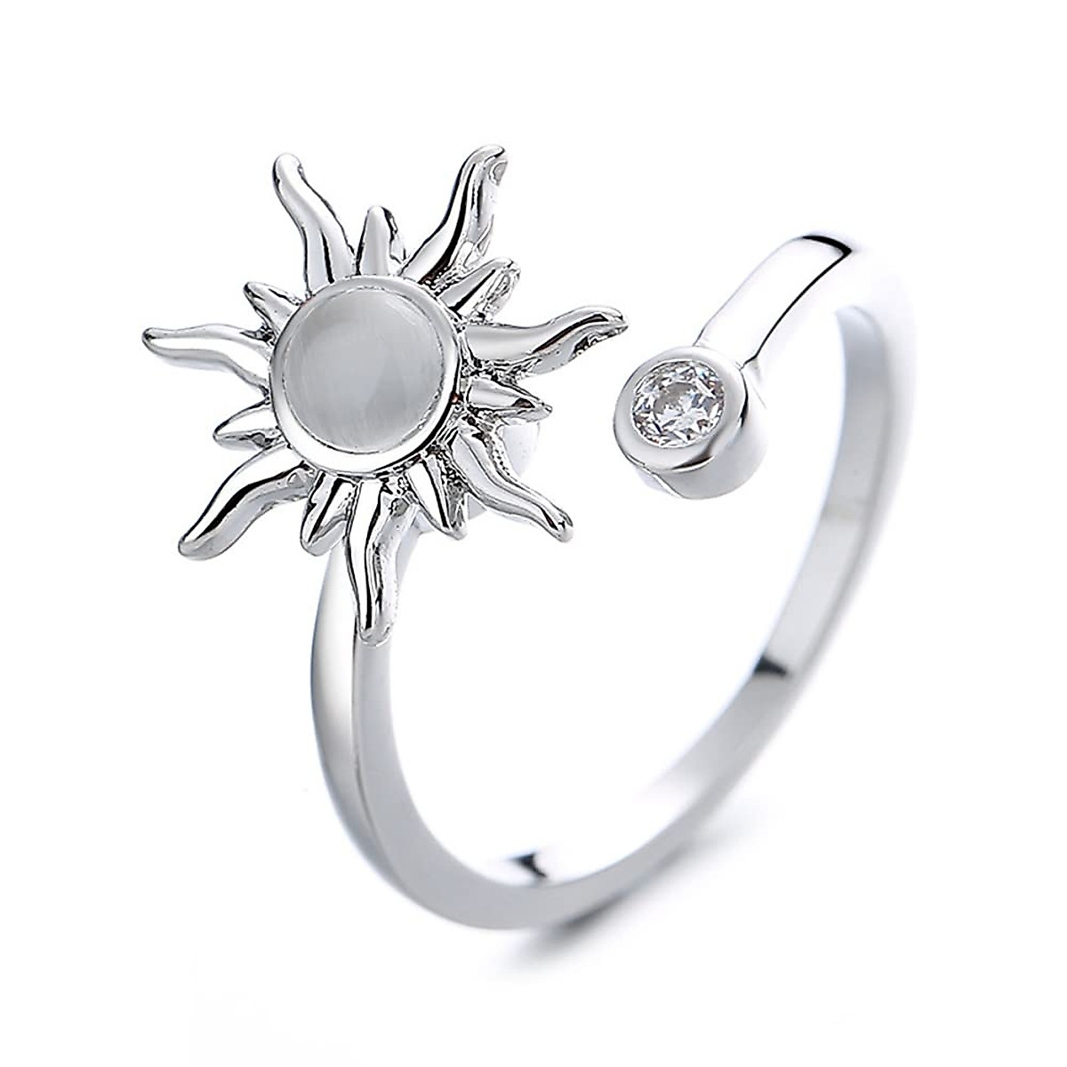 Asymmetric Rotatable Spinner CZ Ring for Women Girls Anti Anxiety Stress Relief Peace Fidget Rings Silver Plating Cute Daisy Sun Star Wrap Open Finger Knuckle Statement Ring Christmas Valentines