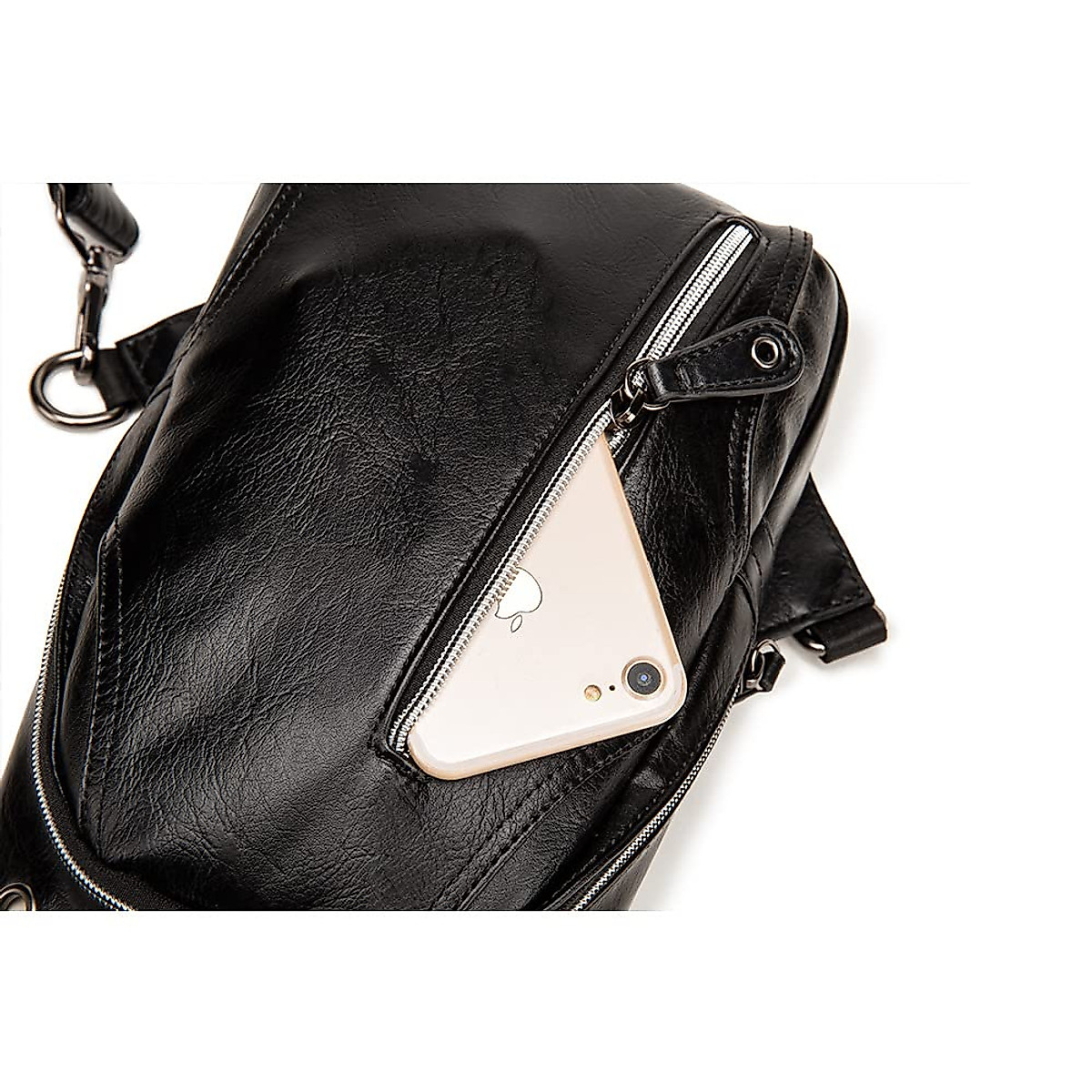 Leather Small Sling Bag,Crossbody Shoulder Bag for Men Women PU Leather Travel Cycle Hiking Daypack (Black)