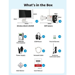 [2K&2 Way Audio&Dual WiFi] Tonton Wireless All-in-One Ultra HD Security Camera System with 16 Inch 5MP Monitor,10CH NVR with 1TB HDD,4PCS 3MP Outdoor Bullet IP Floodlight Cameras with PIR,Plug & Play