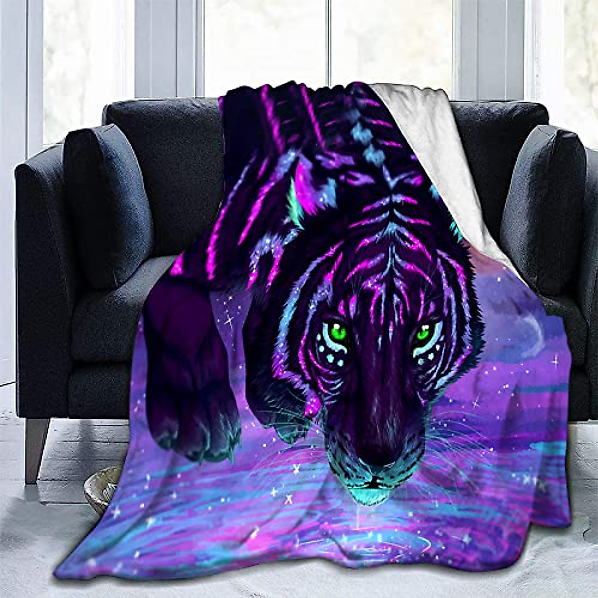 Tiger Blanket for Bed Sofa Couch 3D Wild Animal Print Throw Blanket Wildlife Blanket Galaxy Fuzzy Blanket Purple Blanket (51" x 59")