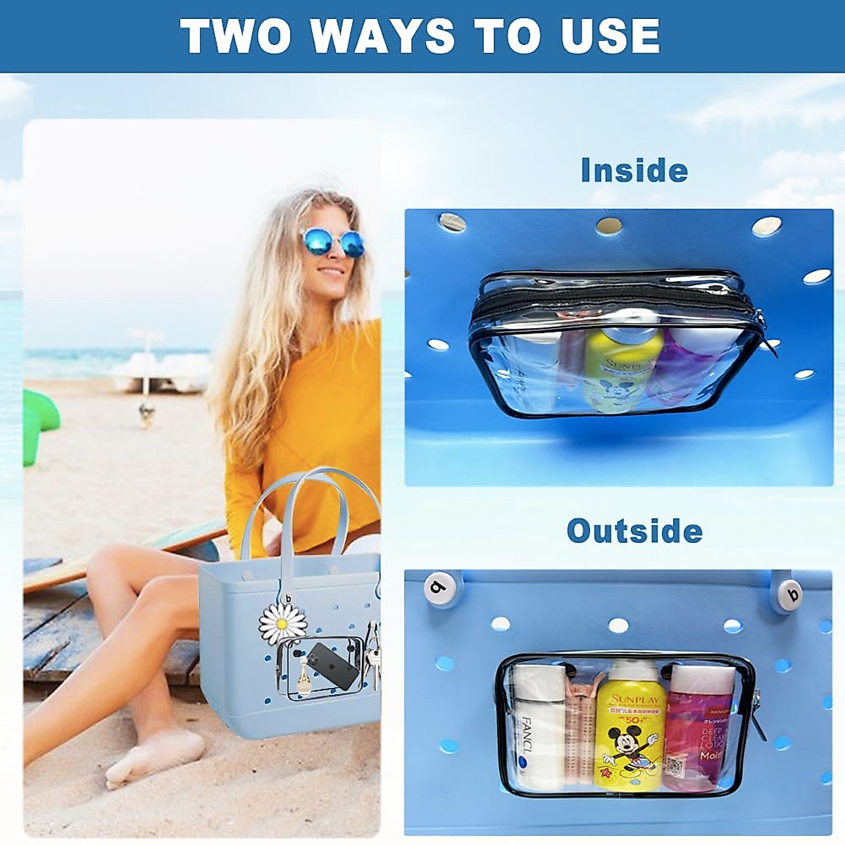 SYTRANREIN 8 Packs Bogg Bag Accessories Set, Clear Inserts Pouch, Hooks & Flower Charm Compatible with Various Bogg Bag Beach Tote Bag,Travel Makeup Clean Toiletry Brush Organizer Cosmetic Storage