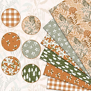 JarThenaAMCS 6Pcs Boho Cotton Fabric Bundles Retro Tree Plaid Fat Quarters Green Orange Flower Sewing Fabrics for Fall DIY Crafts Party Decor