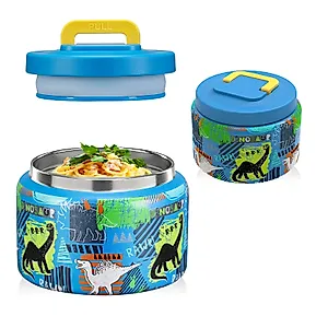 JXXM 8 Oz Thermo Food Jar for Hot & Cold Kids, Insulated Lunch Containers Jar,Leak-Proof Vacuum Stainless Steel Wide Mouth Soup thermo School,Travel (BLUE-Dinosaur) 1pc