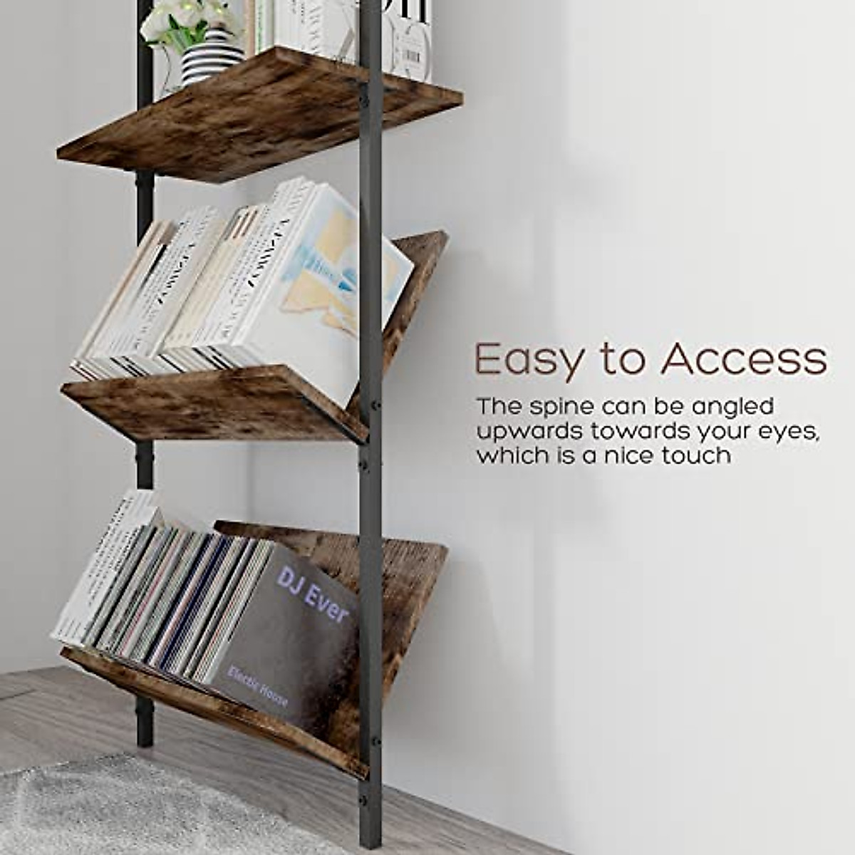 bukfen Ladder Bookshelf, 5 Shelf Modern Bookcase, Wall Mount Industrial Bookshelf, Open Wood Storage Shelves with Metal Frame for Bedroom Office, Rustic Brown
