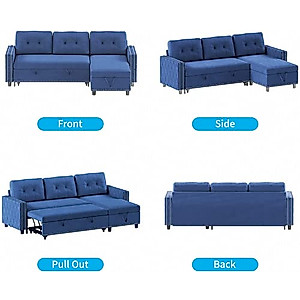 Mjkone Sectional Sleeper Sofa Bed with Storage 3 Seat Pull Out Sofa Bed Couch with Chaise Lounge Velvet Couch with Pull Out Bed L Shaped Sectional Sofa Couches for Living Room Apartment, Navy Blue