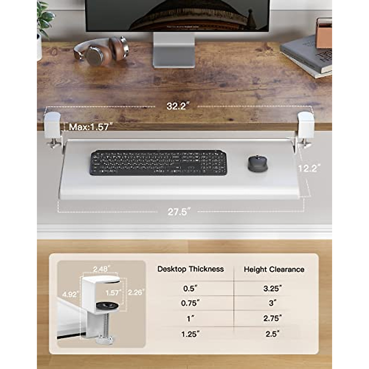 HUANUO Keyboard Tray Under Desk, Ergonomic Large Keyboard Tray with C Clamp, Updated Metal Slide Rail Keyboard Tray Mouse Tray, Pull Out Platform Computer Drawer for Typing, 27.5" W x 12.2" D, White