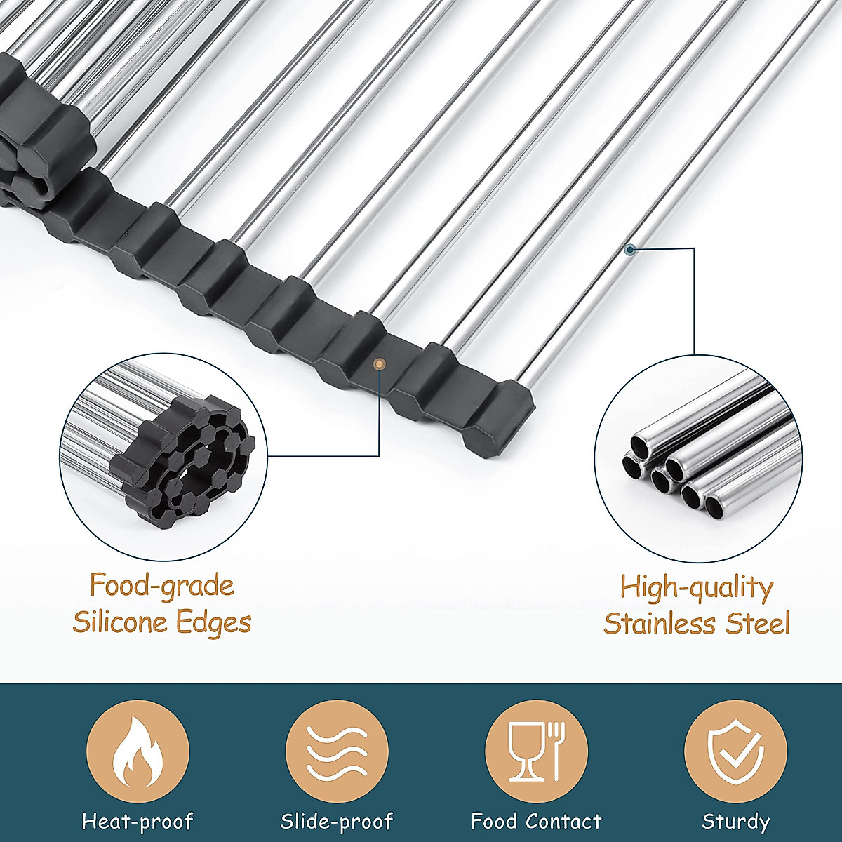 Herogo Roll Up Dish Drying Rack, Stainless Steel Over The Sink Dish Drying Rack for Kitchen Sink, Versatile Kitchen Sink Drying Rack for Kitchen Counter, 16.7” x 12”, Slide-Proof & Heat-Proof