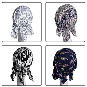 4pcs Pre-Tied Chemo Head Scarf Beanie Covers Cap Head Scarves Sleep Turban Hat Women Bandana with Stretch Print Ruffle Multicolor