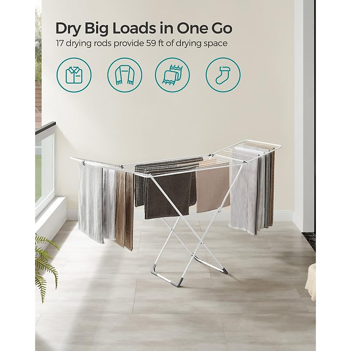 SONGMICS Clothes Drying Rack, Metal Laundry Drying Rack, Foldable, Space-Saving, Free-Standing Airer, with Gullwings, Indoor Outdoor Use, Bed Linen Clothing, White ULLR540W01