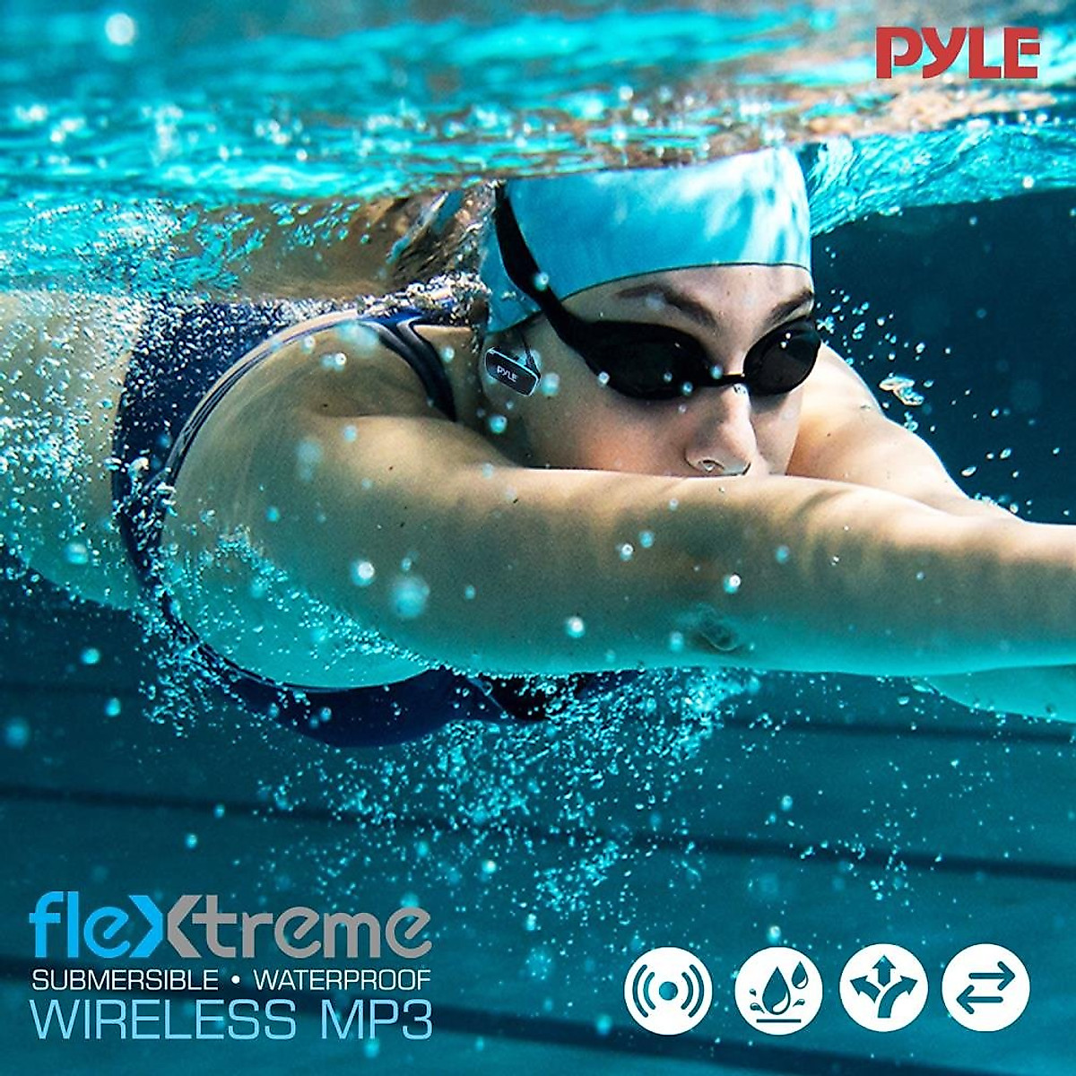 Pyle Waterproof MP3 Player Swim Headphone-Submersible IPX8 Flexible Wrap-Around Style Headphones Built-in Rechargeable Battery USB Connection w/4GB Flash Memory&Replacement Earbuds-Pyle PSWP6BK