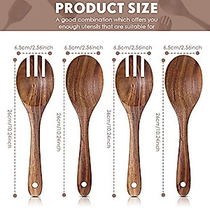 4 Pieces 10.2 Inch Wood Salad Spoons Salad Servers Wooden Serving Spoons and Long Wood Serving Forks Non-Stick Teak Wooden Salad Server Tools for Kitchen Restaurant Salad Gravies Pasta, Easy to Clean