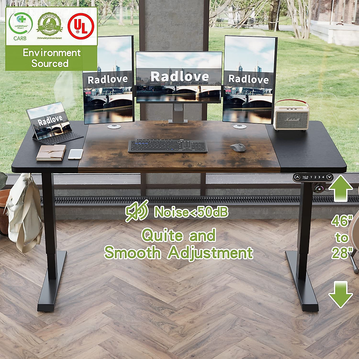 Radlove Electric Height Adjustable Standing Desk, 63x 30 Inches Stand Up Desk Workstation, Splice Board Home Office Computer Standing Table Ergonomic Desk (Black+ Brown, 63x30'')