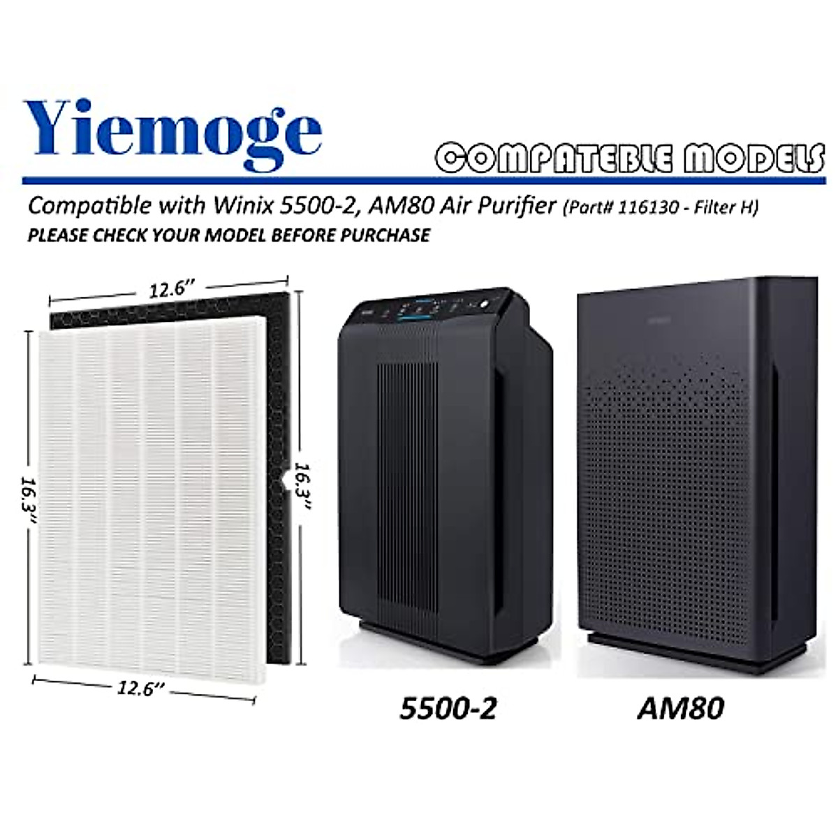Yiemoge 116130 Replacement filter H: Compatible with winix 5500-2 Air Purifier - 2pack TURE HPEA filters + 2pack Activated Carbon Filters