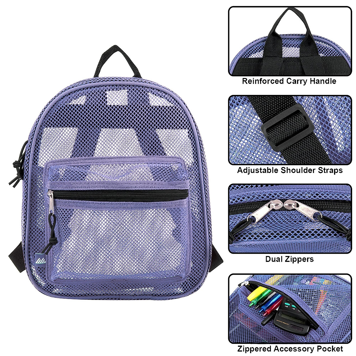 Mini Mesh Backpack for Women, Men, Beach Toys, Pool, and Swimming Gear; Mini Transparent Backpacks with Padded Straps (Purple)