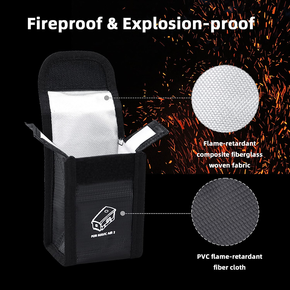 HeiyRC Battery Safe Bag & Battery Dust-proof Plugs for DJI Air 2S/Mavic Air 2 Batteries Protection Storage Case Fireproof Explosion-proof Pouch (3+1 Set)