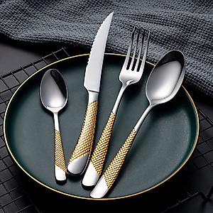 Gold Hammered Silverware Set for 6 Modern Cutlery Utensils 18/10 Stainless Steel Flatware Set 24 Piece Include Knives Forks and Spoons Tableware Set for Home Kitchen Wedding Restaurant Party (Color :