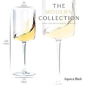 Aspen & Birch - Modern Wine Glasses Set of 4 - Red Wine Glasses or White Wine Glasses, Premium Crystal Stemware, Long Stem Wine Glasses Set, Clear, 15 oz, Hand Blown Glass Crafted by Artisans