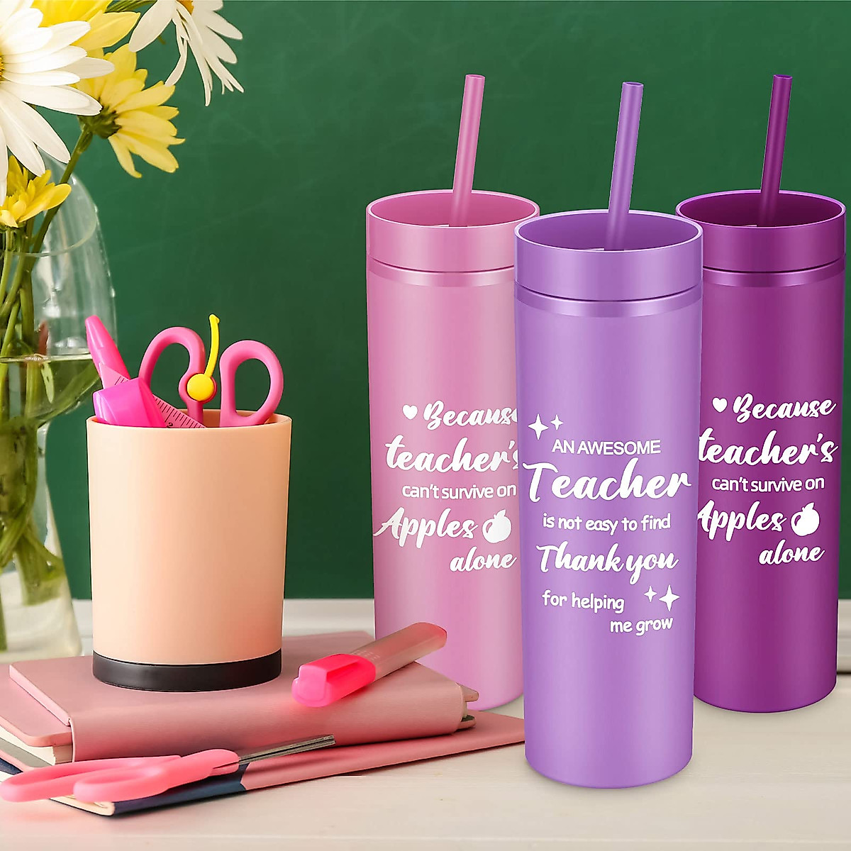 12 Pack Teacher Appreciation Gifts for Teachers Skinny Tumblers 16oz Matte Pastel Colored Acrylic Tumblers with Lids and Straws Thank You Gifts for Grad Teachers Day Birthday (Bright Colors, 12 Pack)