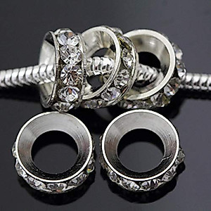 100pcs Adabele Grade A 12mm (0.47 Inch) Crystal Rhinestone Rondelle Spacer Beads (Large Hole 6mm) Sterling Silver Plated Brass Round Metal Beads CF5-12