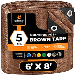 Multipurpose Protective Cover Brown Poly Tarp 6' x 8' - Durable, Water Resistant, Weather Resistant - 5 Mil Thick Polyethylene - by Xpose Safety