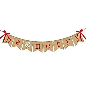 Be Merry Burlap Banner | Christmas Banner with Snowflake Sign | Christmas Decoration | Rustic Christmas Decor for Mantle Fireplace Xmas Party Holiday Supplies Decoration | Outdoor Indoor Hanging Decor