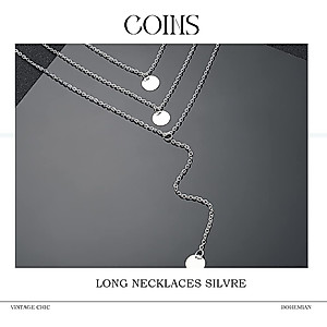 Fdesigner Fashion Layered Long Necklace Coin Pendant Necklaces Chain Charm Necklace Jewelry for Women(Silver)