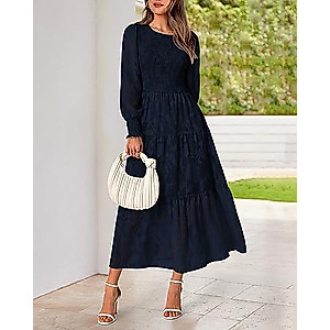 BTFBM Casual Women's 2023 Fall Dresses Elegant Wedding Guest Dress Long Sleeve Floral Midi Dress Flowy Bohemian Long Dress(Navy,Large)