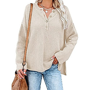 Pink Queen Women's Button Oversized Sweater Batwing Long Sleeve V Neck Henley Top Fall Pullover Knit Jumper Beige XL