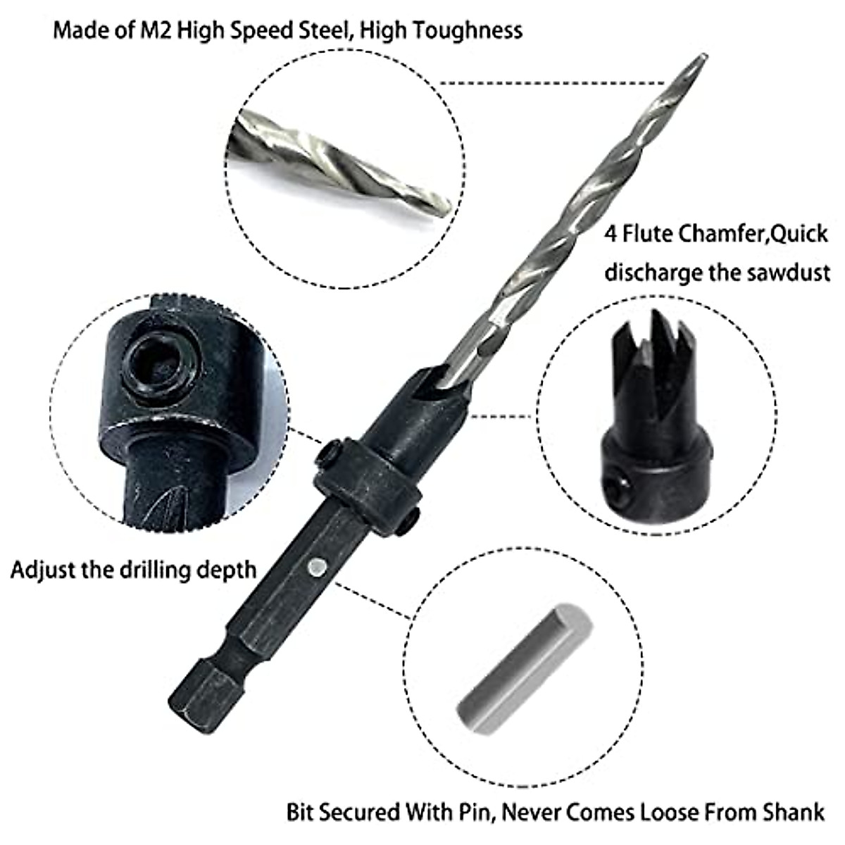 Saipe 5pcs Wood Countersink Drill Bit Set with 2pcs Counter Sinker Replacement Tapered Drill Bit All Same Size 11/64" Quick Change Hex Shank Screw Drill Counter Sink Bit for Drilling Pilot Hole