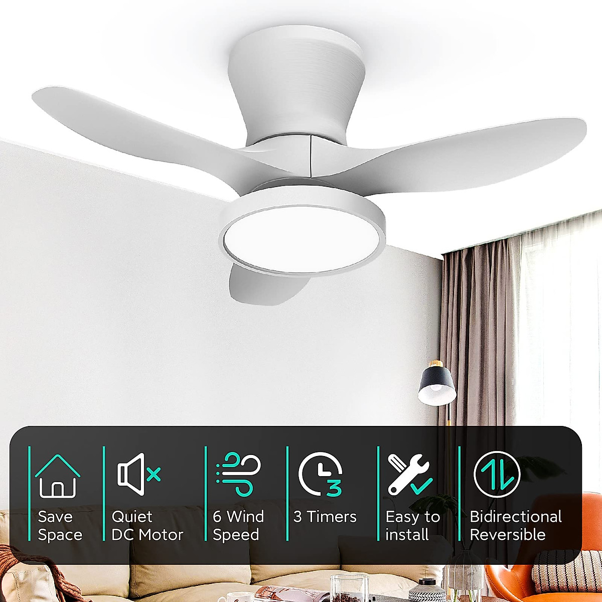 ocioc Quiet Ceiling Fan with LED Light DC motor 32 inch Large Air Volume Remote Control White for Kitchen Bedroom Dining room Patio