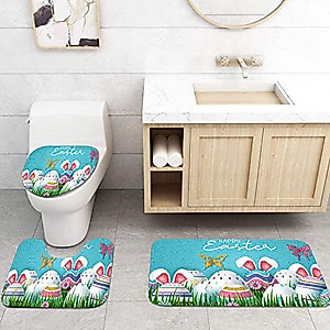 ArtSocket Easter 4 Pcs Shower Curtain Set Easter Blue Cartoon Bunny with Non-Slip Rugs Toilet Lid Cover and Bath Mat Bathroom Decor Set 72" x 72"