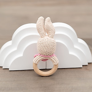 KawaiOnO Handmade Cotton Crochet Amigurumi Rattler, Educational Baby Rattle for Teething Infants, Ideal Baby Boy Stuff, Unique Baby Stuff for New Moms, Crochet Cream Bunny Rattle Design