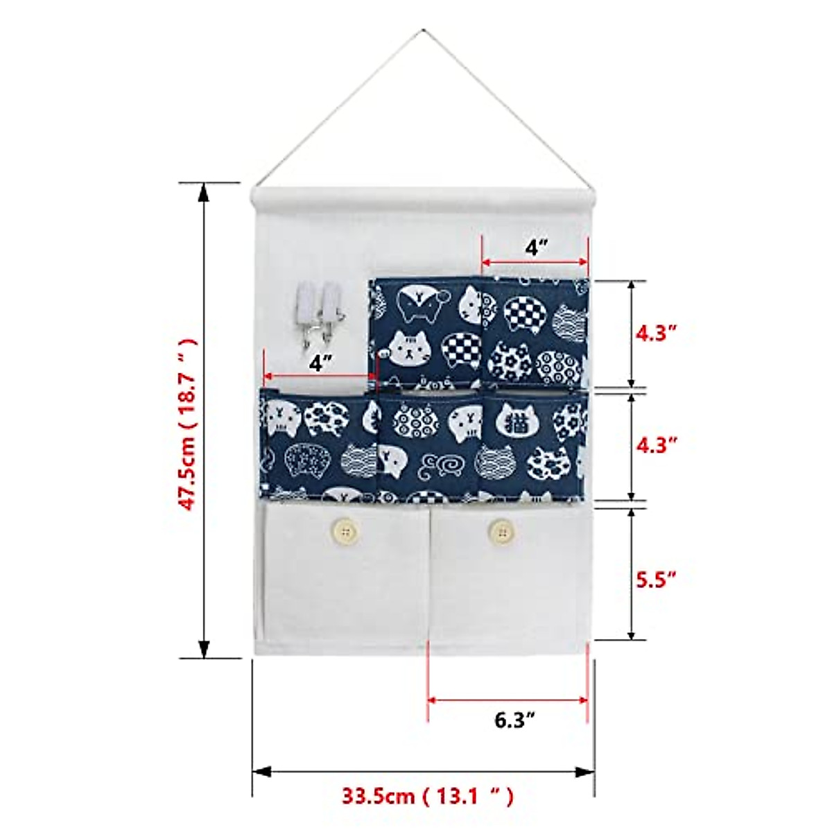 KINGREE Hanging Storage Bag with 7 Pockets and 2 Pothook, Waterproof Wall Door Organizer for Bedroom Bathroom Closet(Cat)