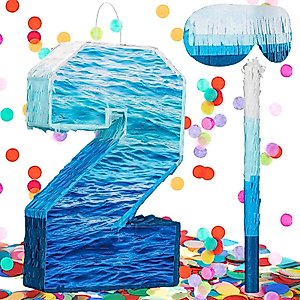 Motionchic Number 2 Piñata Large Gradient Blue Piñata with Stick Blindfold and Colorful Confetti Party Piñata 2nd Birthday Party Supplies for Boys Girls Kids Themed Anniversary Celebration Decoration