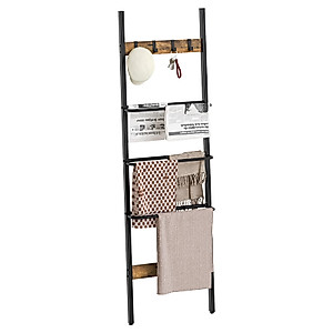 YATINEY Blanket Ladder, 5-Tier Towel Rack with 4 Removable Hooks, Wall-Leaning Blanket Holder, Decorative Display Ladder Shelf, Industrial, for Living Room, Rustic Brown and Black CJ01BR