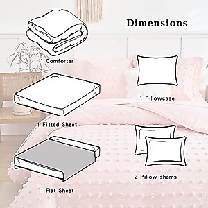 6 Pieces Tufted Dots Bed in a Bag Twin Comforter Set Girls Pink , Soft and Embroidery Shabby Chic Boho Bohemian Comforters, Luxury Solid Color with Pom Pom Design, Jacquard Tufts Bedding Set for Kids
