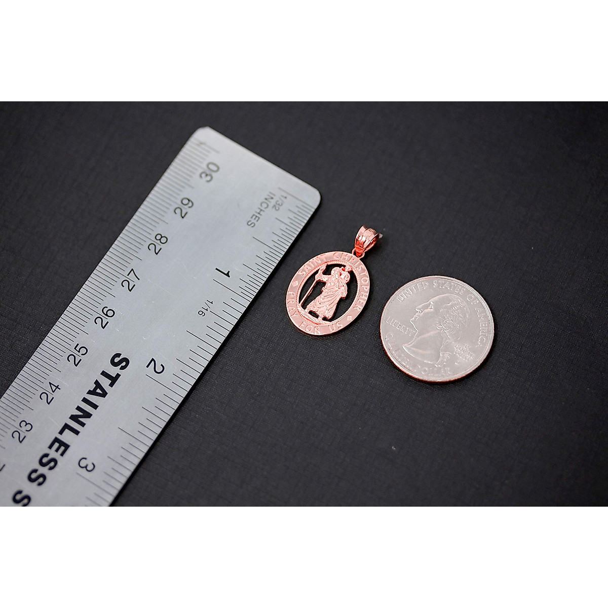 CaliRoseJewelry 14k Saint Christopher Pray for Us Oval Charm Pendant Necklace in Rose Gold, 18"