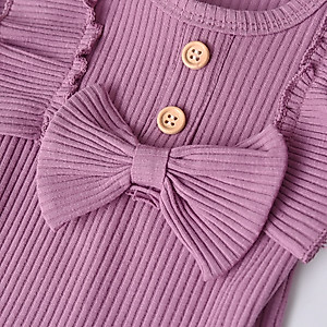 Kulcerry Newborn Infant Baby Girl Clothes Solid Color Bow Ribbed Long Sleeve Romper Pants Headband Outfits Set (Purple,Newborn)