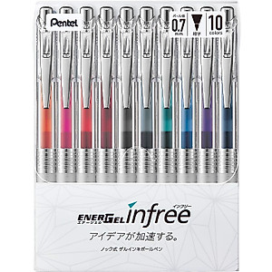 Pentel BL77TL-10 EnerGel Ink Ballpoint Pen, 0.03 inches (0.7 mm), 10 Colors