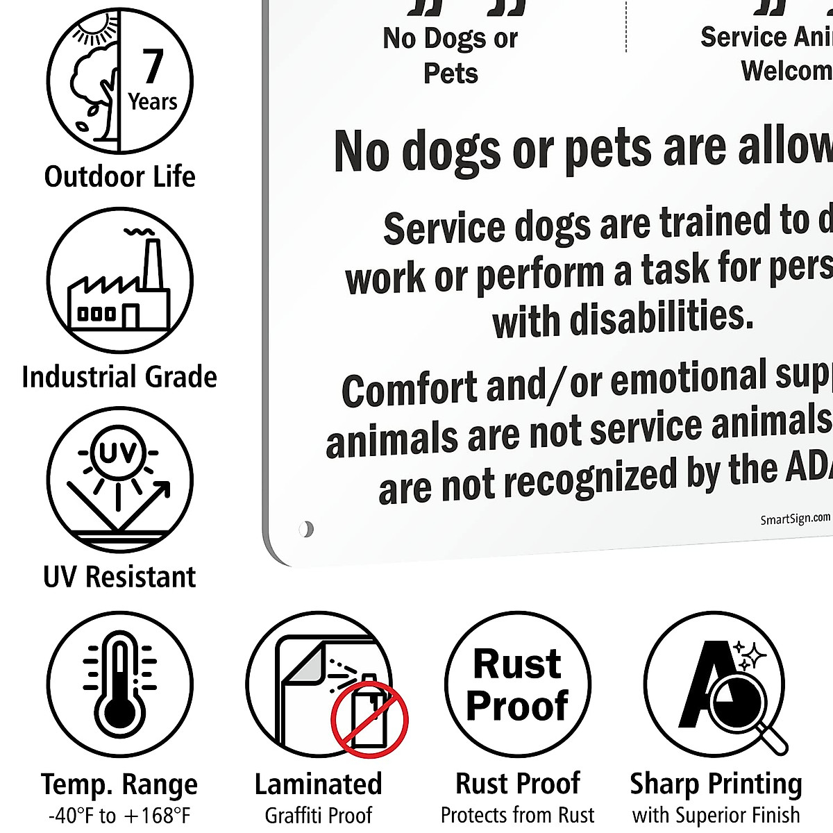 SmartSign 14 x 10 inch “No Pets - No Dogs Or Pets Allowed, Comfort/Emotional Support Animals Not Service...” Metal Sign, 40 mil Laminated Rustproof Aluminum, Multicolor