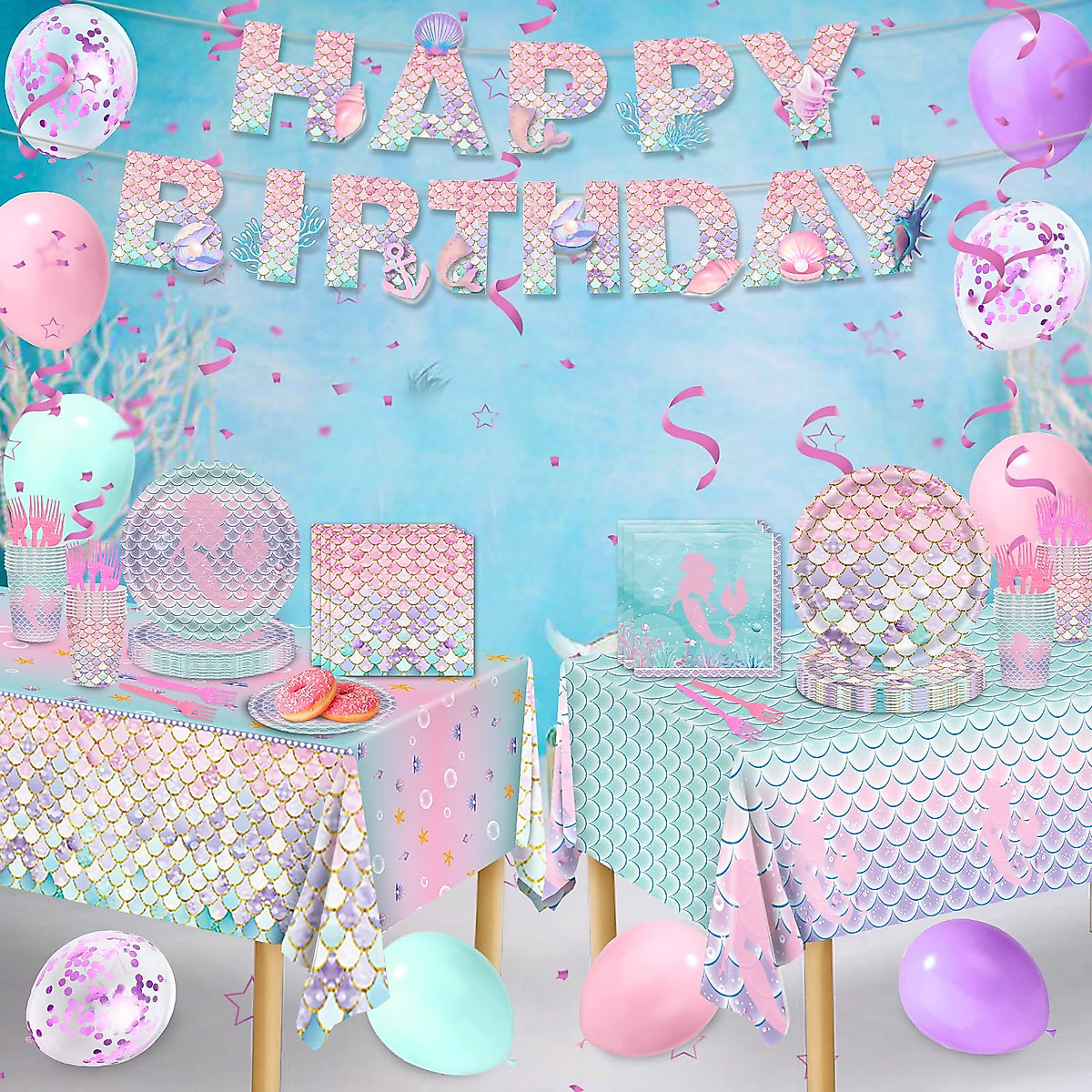 Mermaid Birthday Decorations, 147Pcs Mermaid Party Supplies-Serves 24 with Mermaid Plates and Napkins Tablecloth and Birthday Banner Balloons for Mermaid Theme Party Decorations