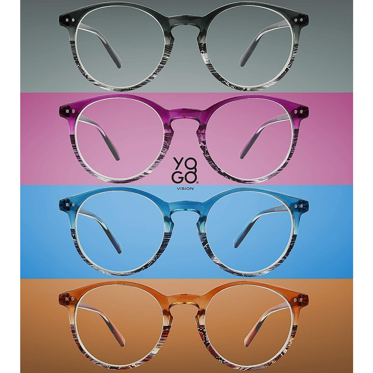Yogo Vision Reading Glasses for Women Men Blue Light Blocking Reading Glasses Round Readers Transparent Blue, Transparent Brown, Transparent Purple, Black 2.75
