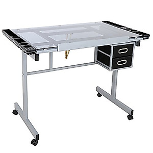 ZenStyle Glass Top Drafting Table with Storage, Adjustable Multifunctional Drafting Drawing Table Desk Tempered Glass Top Art Craft w/Drawers, Castors