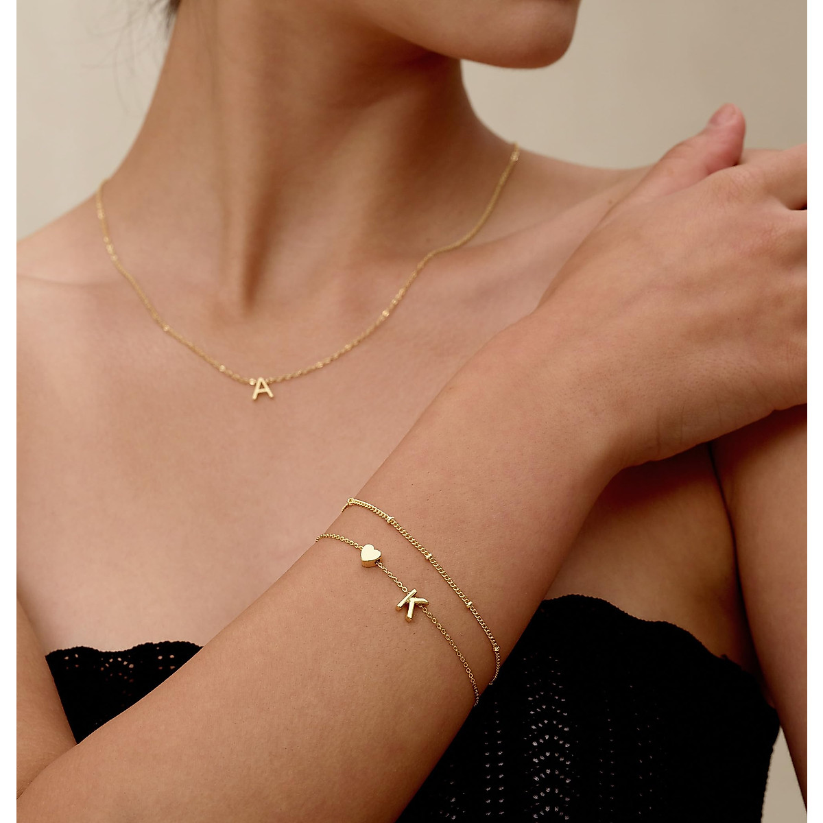 DEARMAY Dainty Gold Charm Bracelets for Women Trendy, 14K Real Gold Initial Heart Letter Bracelet Jewelry Cute Simple Fashion Chain Bracelets for Women Gift K