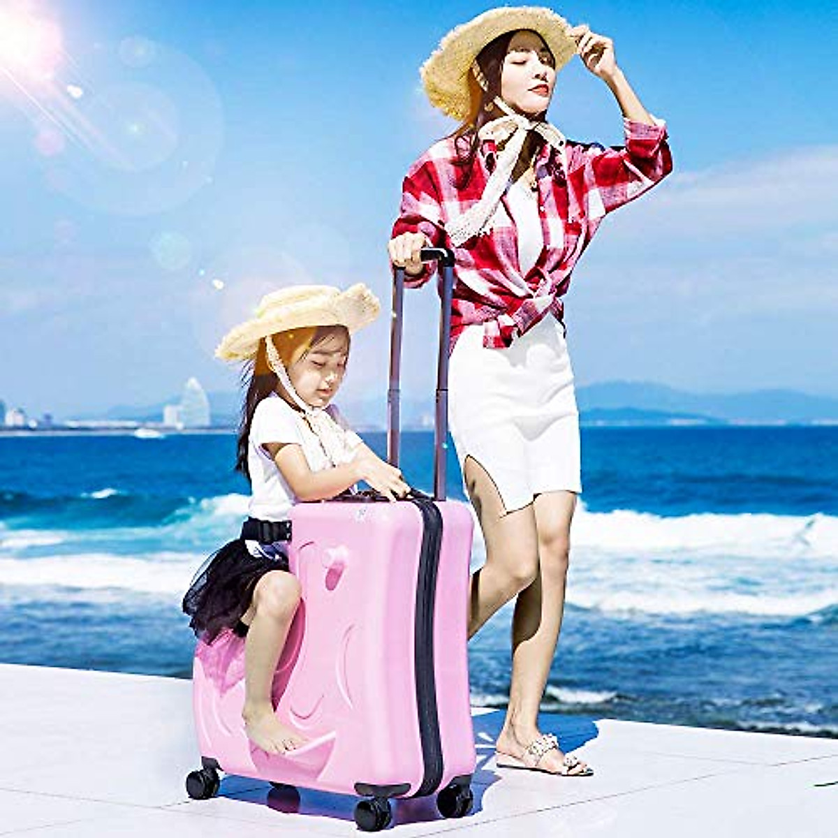 N-A AO WEI LA OW Kids ride-on Suitcase carry-on Tollder Luggage with Wheels Suitcase to Kids aged 1-6 years old (Pink, 20 Inch)