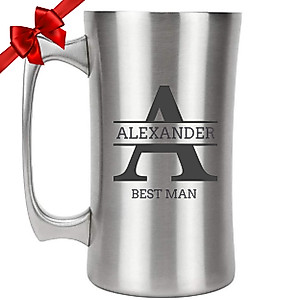 Personalized Beer Mug: Custom Engraved Stainless Steel Stein for Men, Groomsmen, Dad - Large 20 oz, Laser Engraved Beer Glass